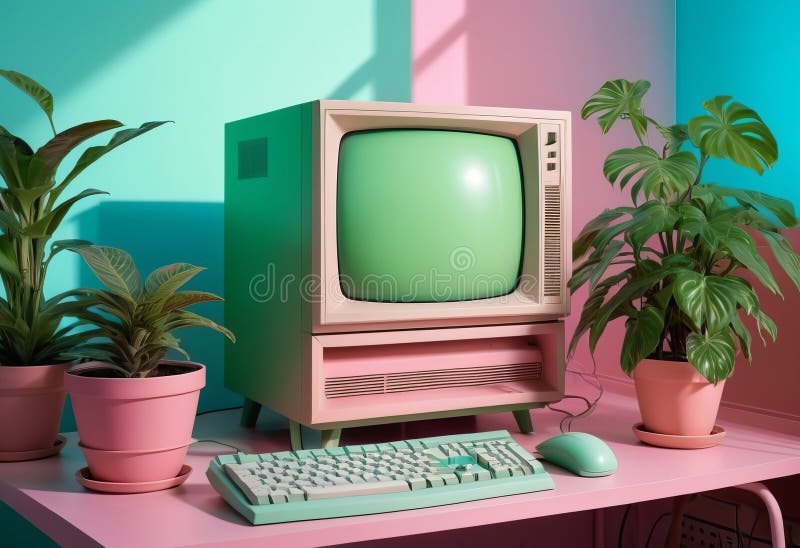 Retro Desktop Computer with Green CRT Monitor Stock Illustration ...