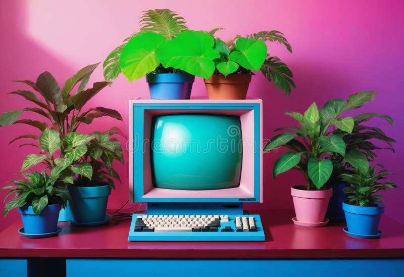 Retro Desktop Computer with Green CRT Monitor Stock Illustration ...
