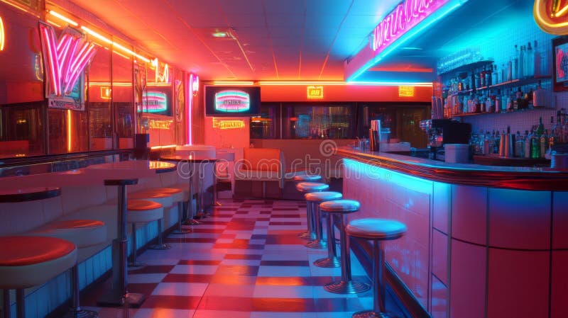 Retro Diner Bar Interior with Neon Lights at Night Stock Illustration ...
