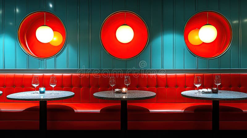 Retro Diner Booth, Red Seating, Teal Walls, Circular Lights, Empty ...