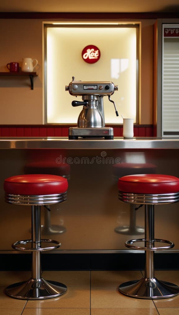A Retro Diner Counter Featuring Coffee Maker and Stools Stock ...