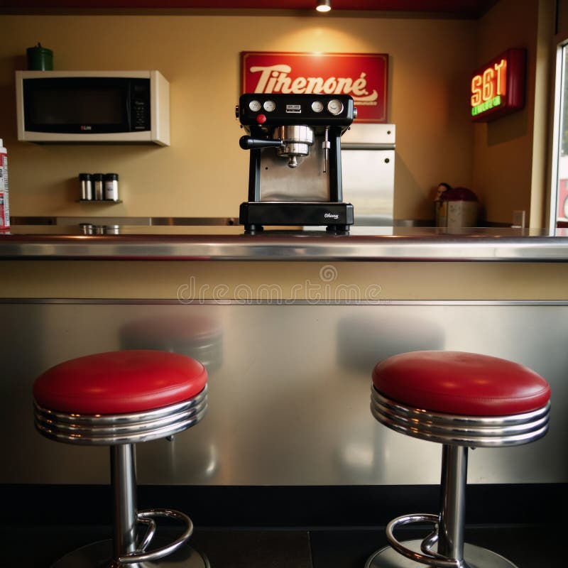 A Retro Diner Counter Featuring Coffee Maker and Stools Stock ...