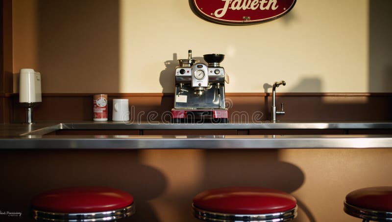 A Retro Diner Counter Featuring Coffee Maker and Stools Stock ...