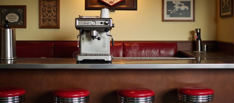 A Retro Diner Counter Featuring Coffee Maker and Stools Stock ...