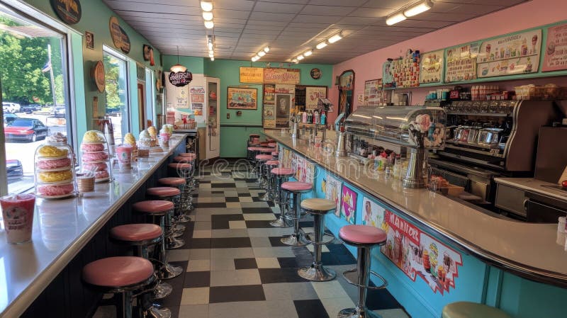 Retro Diner Counter with Pink Stools and Dessert Displays Stock ...
