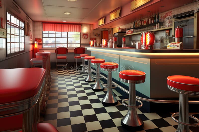 Retro Diner Interior with Checkerboard Floor and Soda Counter Stock ...