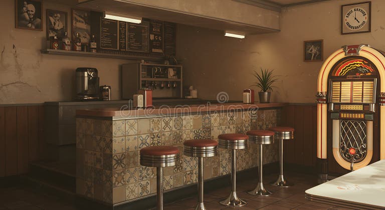Retro Diner Interior Featuring a Long Counter with Four Red-cushioned ...