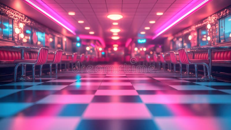 Retro Diner Interior with Neon Lights and Checkered Floor Stock ...