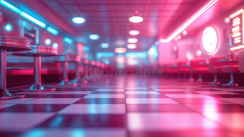 Retro Diner Interior with Neon Lights and Checkered Floor in Vibrant ...