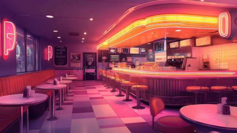 Retro Diner Interior with Neon Lights at Night Stock Illustration ...