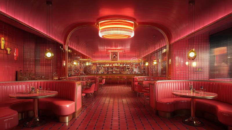 Retro Diner Interior with Pink Booths, Bar, and Lighting Stock ...