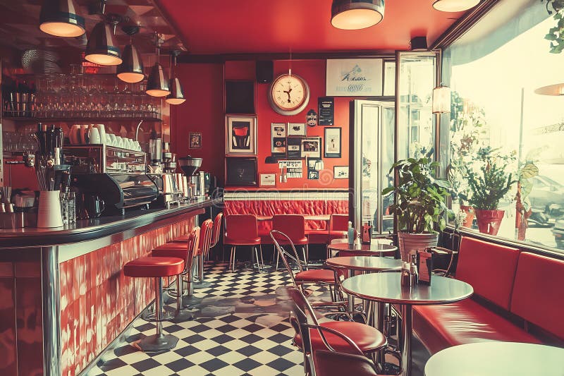 Retro Diner Interior with Red Booths and Checkerboard Floor Stock ...