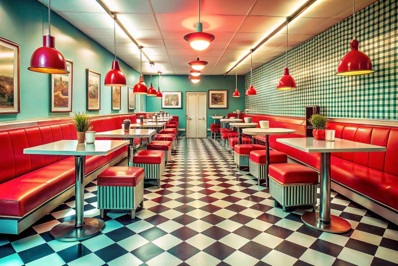 Retro Diner Interior with Red Booths, Checkered Floor, and Pendant ...