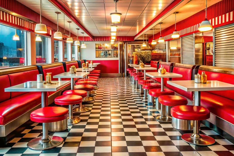 Retro Diner Interior with Red Booths, Checkered Floor, and Vintage ...