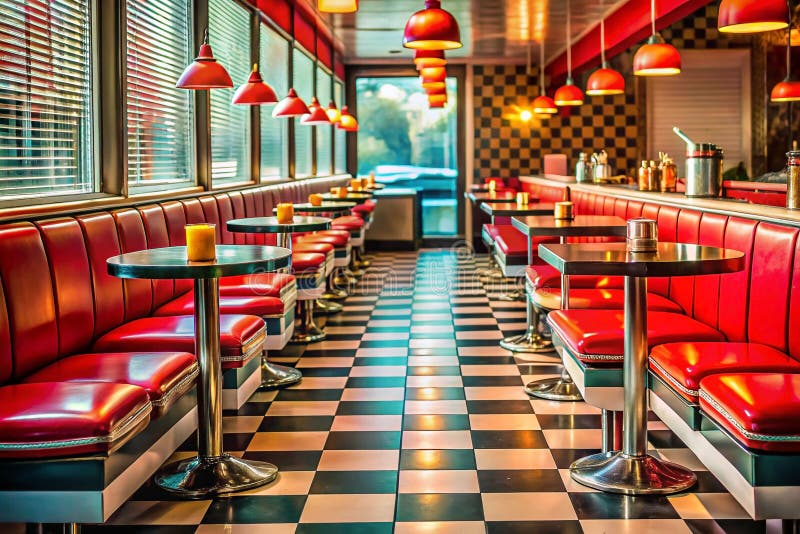 Retro Diner Interior with Red Booths, Checkered Floor, and Vintage ...