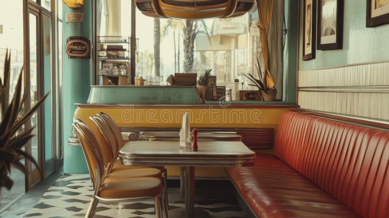 Retro Diner Interior with Red Booths and Teal Walls Stock Illustration ...