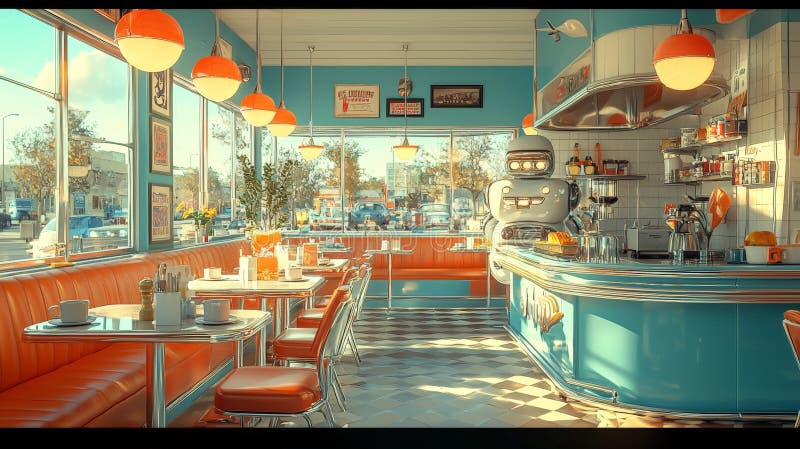 Retro Diner Interior with a Robot Server during the Day Stock Photo ...