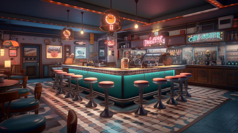 Retro Diner Interior with a Tile Floor, Neon Illumination, Jukebox and ...