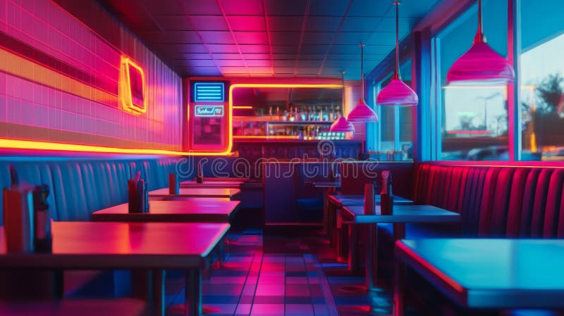 Retro Diner Interior with Vibrant Neon Lighting Stock Illustration ...