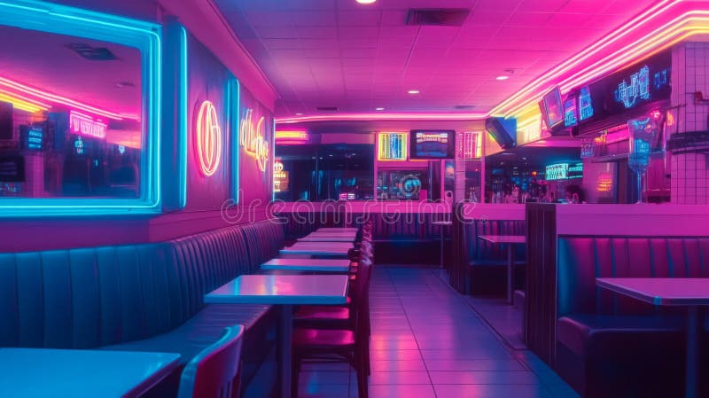 Retro Diner Interior with Vibrant Neon Lights Stock Illustration ...