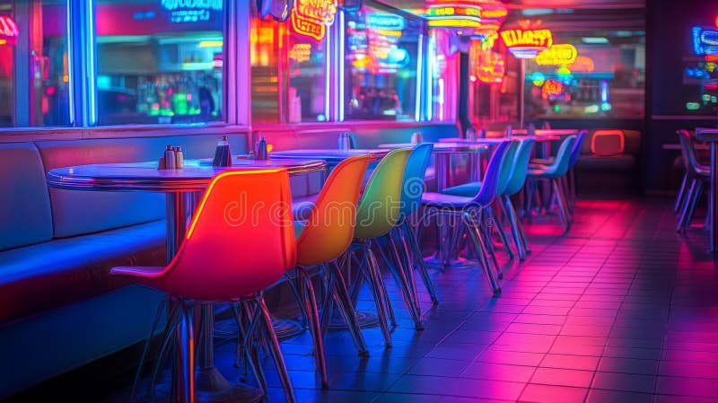 Retro Diner with Neon Lights at Night Stock Illustration - Illustration ...