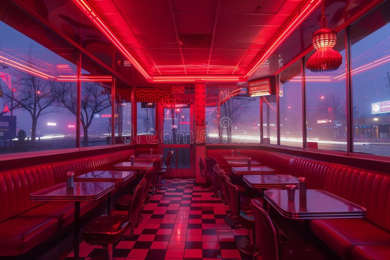 A Retro Diner with Neon Red Lighting, Empty Seats, and a Misty Street ...