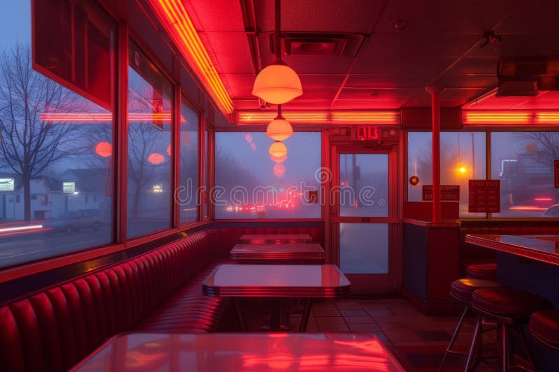 A Retro Diner with Neon Red Lighting, Empty Seats, and a Misty Street ...