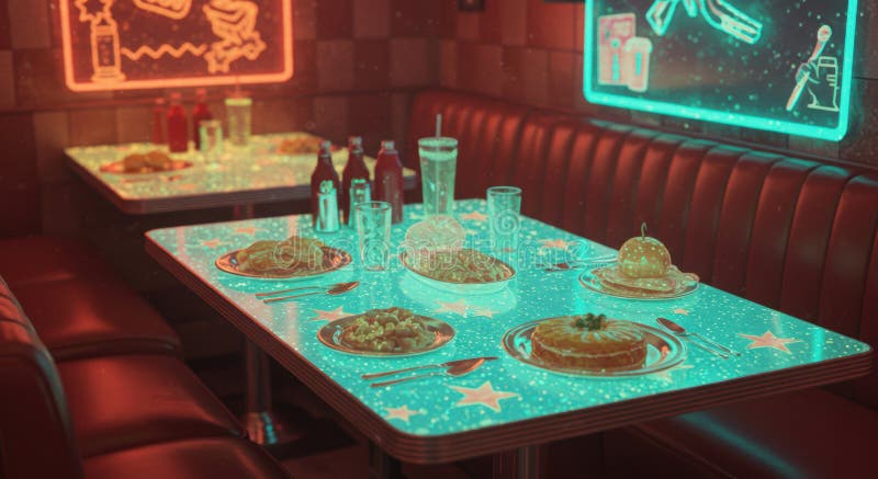 Retro Diner Neon Vibe with Illuminated Table and Classic American ...