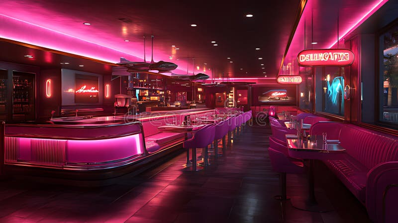 Retro Diner Night Neon Pink Cityscape Stock Illustration - Illustration ...