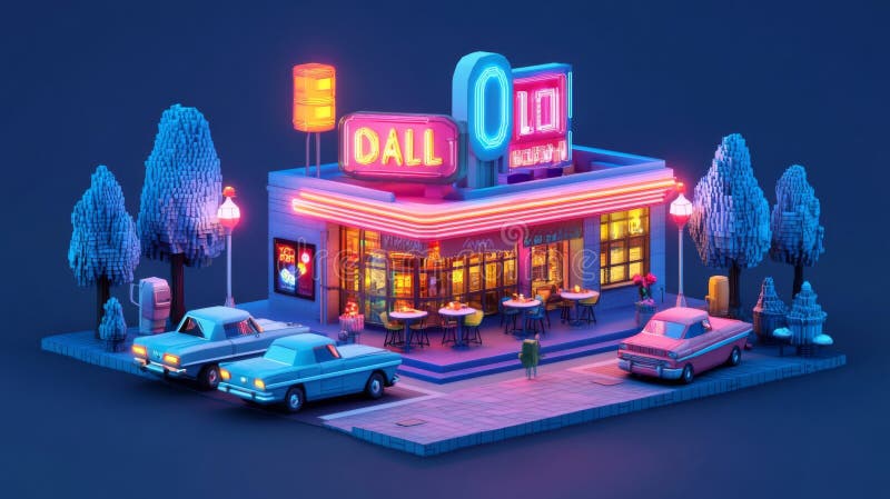 Retro Diner at Night with Pixel Art Style Stock Illustration ...