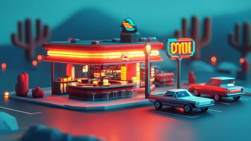 Retro Diner in Pixel Art Desert Night Scene Stock Illustration ...