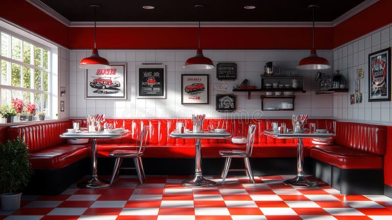 Retro Diner with Checkered Floor and Neon Lights Stock Photo - Image of ...