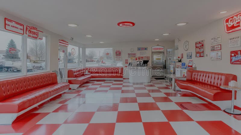 Retro Diner with Checkered Floor and Neon Lights Stock Photo - Image of ...