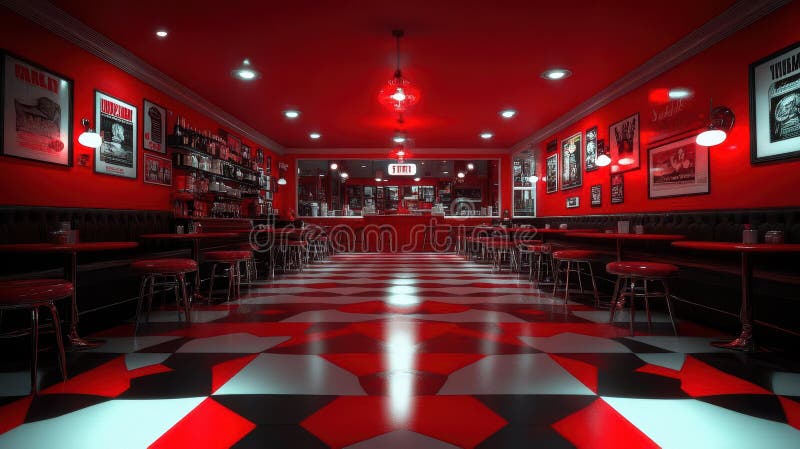 Retro Diner with Checkered Floor and Neon Lights Stock Photo - Image of ...