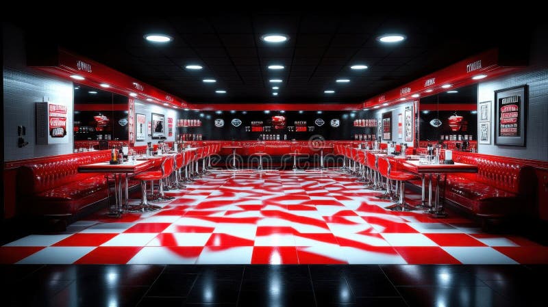 Retro Diner with Checkered Floor and Neon Lights Stock Photo - Image of ...