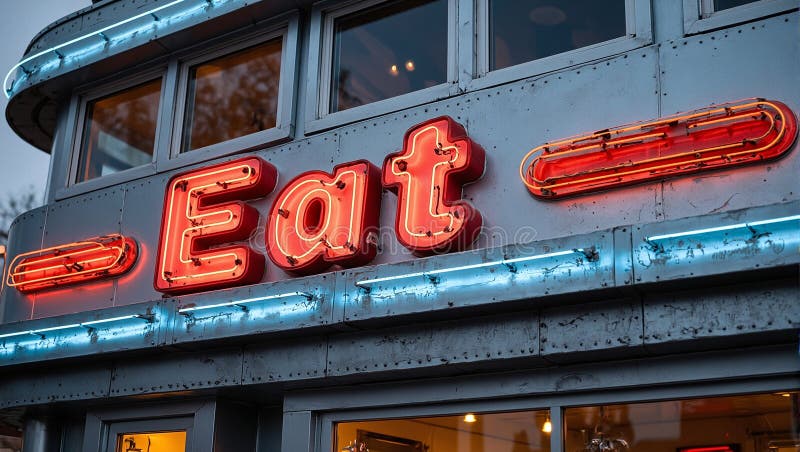 Retro Diner Sign Eat in Red Neon on Silver Building Faade with Large ...