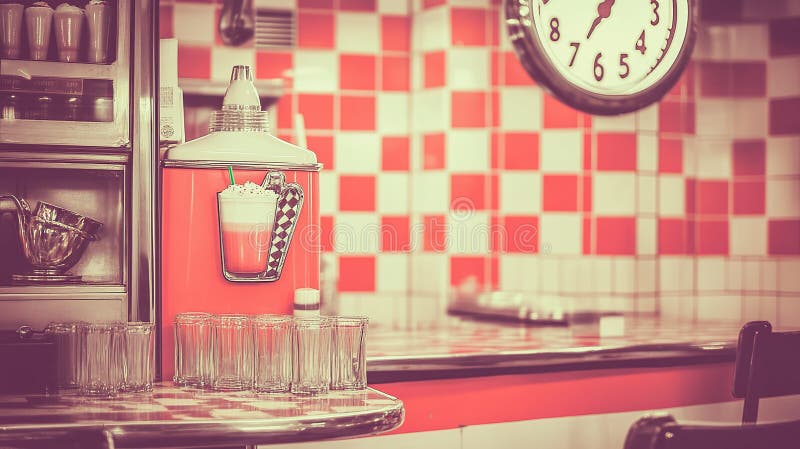 Retro Diner Soda Fountain, Drinks, Counter, Tiles, Clock, Menu Stock ...