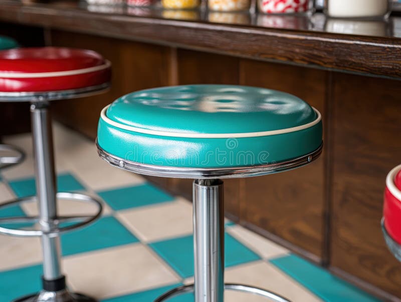 Retro Diner Stool with Teal Cushion Stock Illustration - Illustration ...