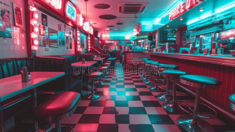 Retro Diner with Stools and Checkered Floor Stock Photo - Image of ...