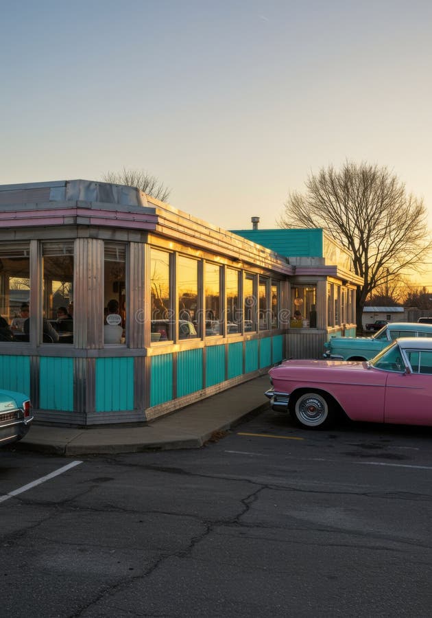 Retro Diner at Sunset with Classic Cars Stock Illustration ...
