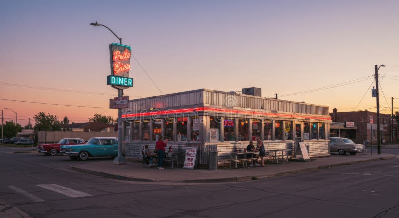 Retro Diner at Sunset with Classic Cars Stock Illustration ...