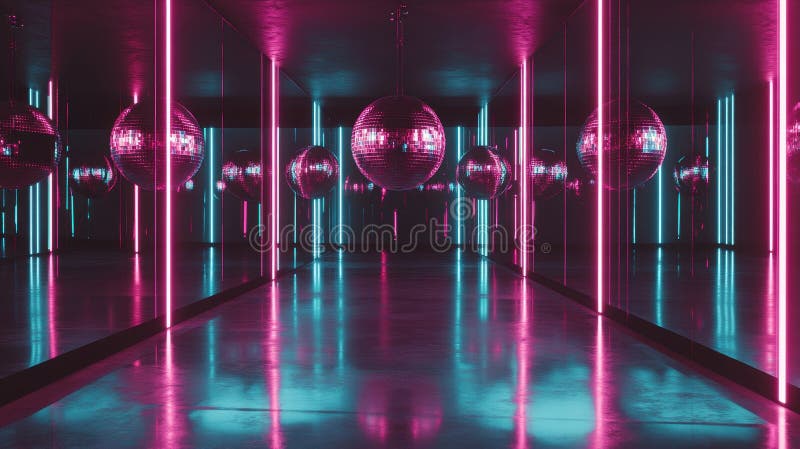 Retro Disco Hall Neon Lights, Mirror Balls, and Dance Floor Stock Photo ...