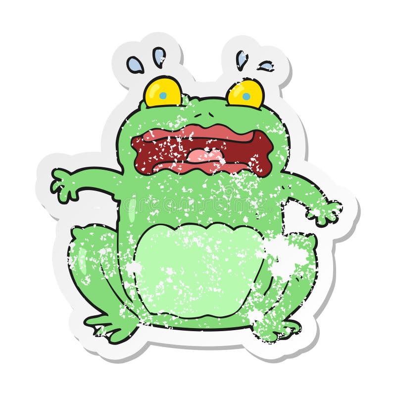 Retro Distressed Sticker of a Cartoon Funny Frightened Frog Stock ...
