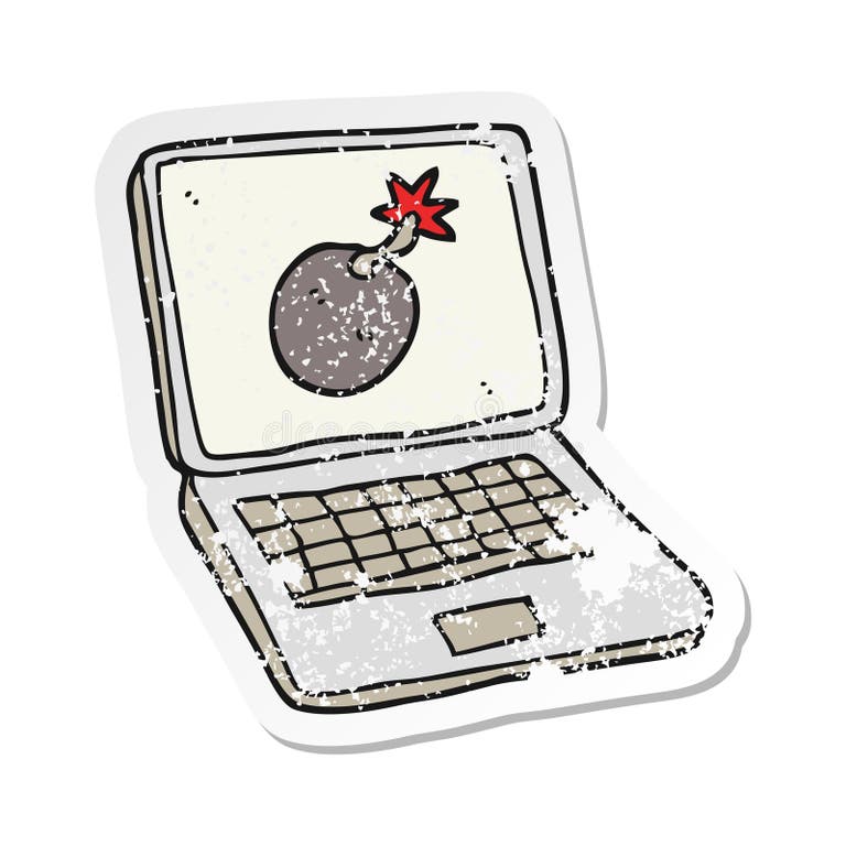 Retro Distressed Sticker of a Cartoon Laptop Computer with Error Screen ...