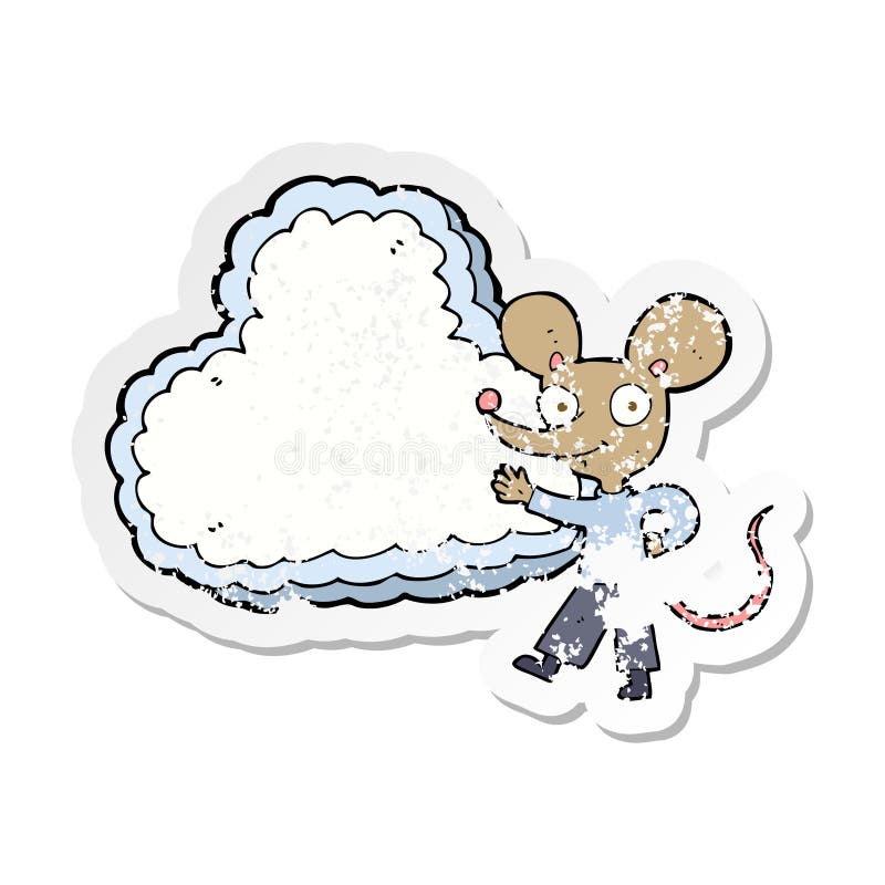 Retro Distressed Sticker of a Cartoon Mouse with Cloud Text Space Stock ...