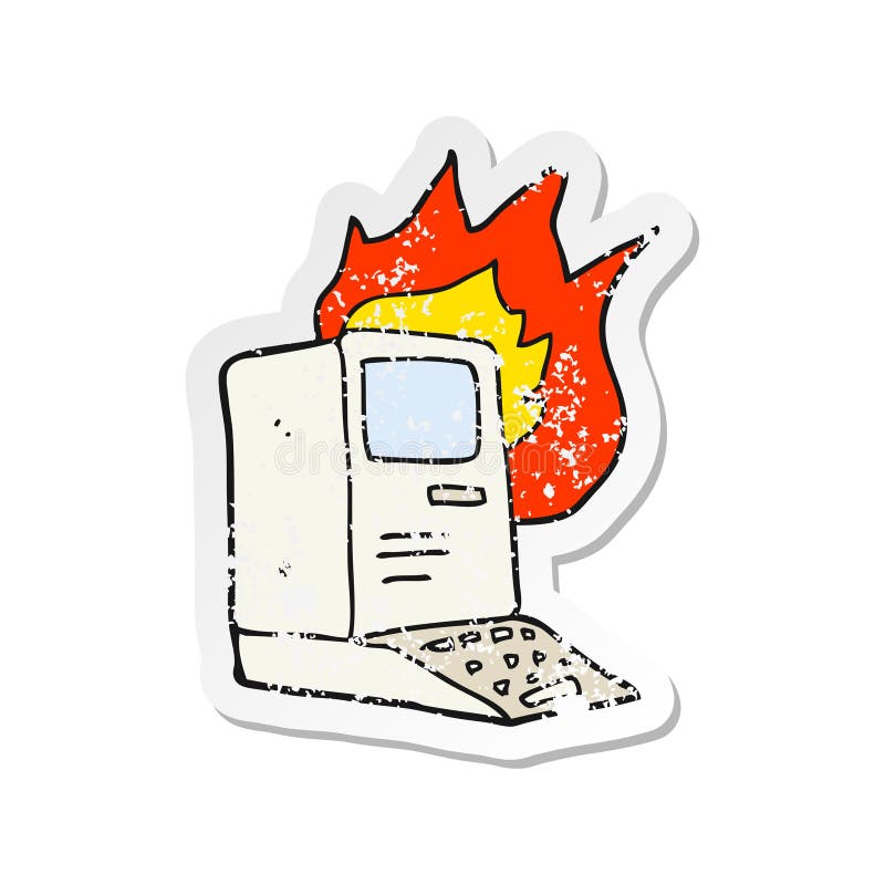 Retro Distressed Sticker of a Cartoon Old Computer on Fire Stock Vector ...