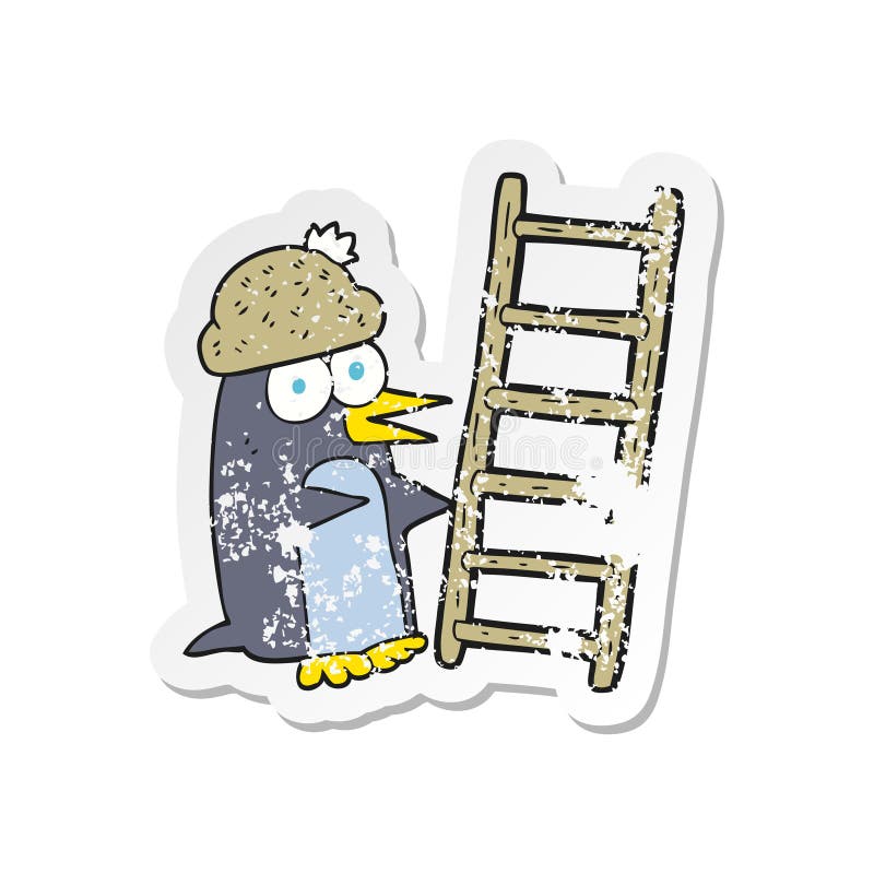 Retro Distressed Sticker of a Cartoon Penguin with Ladder Stock Vector ...