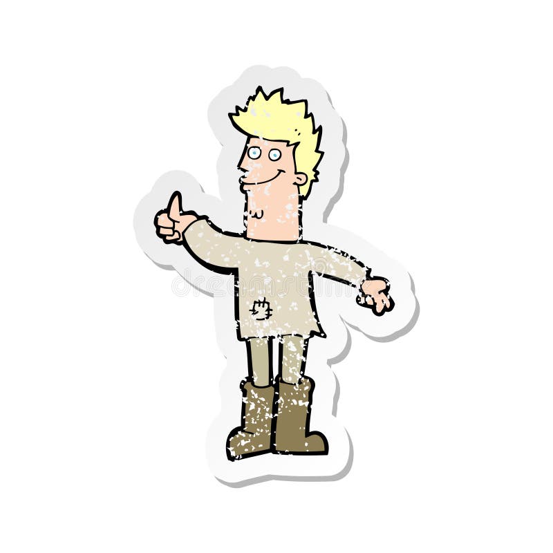 Retro Distressed Sticker of a Cartoon Positive Thinking Man in Rags ...
