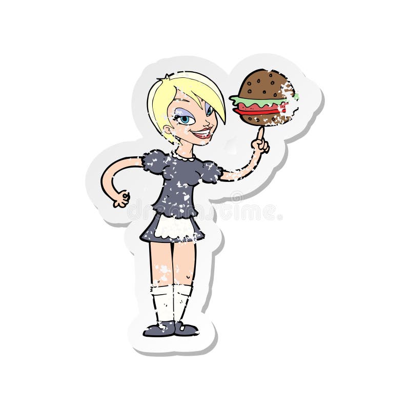 Retro Distressed Sticker of a Cartoon Waitress Serving a Burger Stock ...