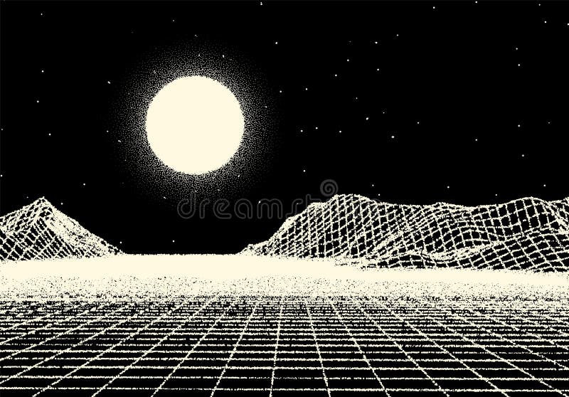 Retro Dotwork Landscape with 80s Styled Sun, Grid Mountains and Stars ...